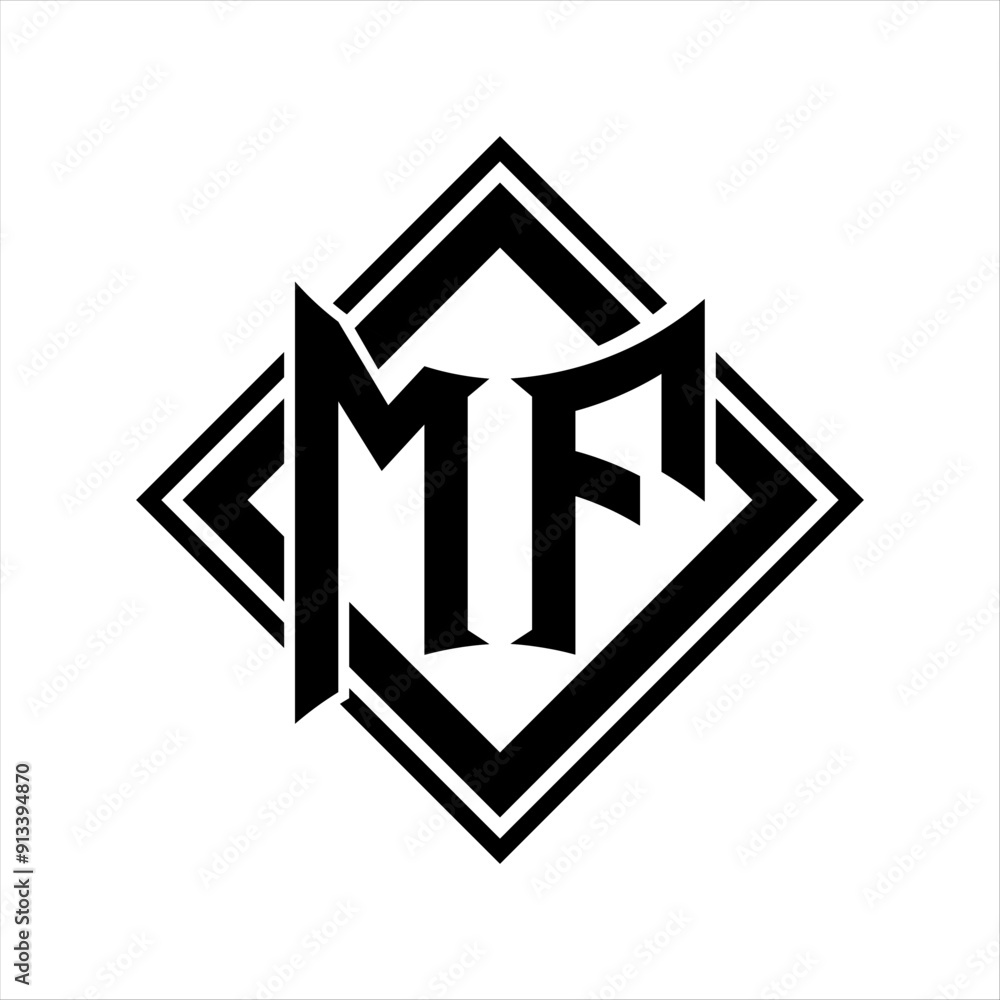 MF Letter logo with abstract shield shape with square black outline on ...