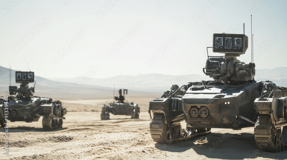 An advanced robotic warfare training ground, desert military base ...