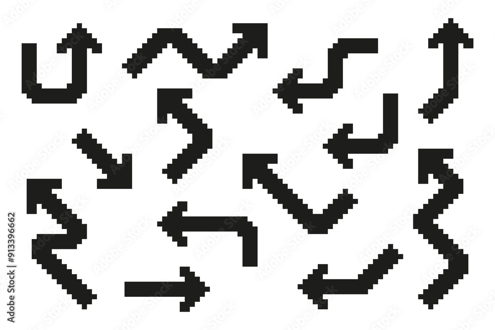 Pixel art arrow sign icons. Collection of pixel thick arrows in ...