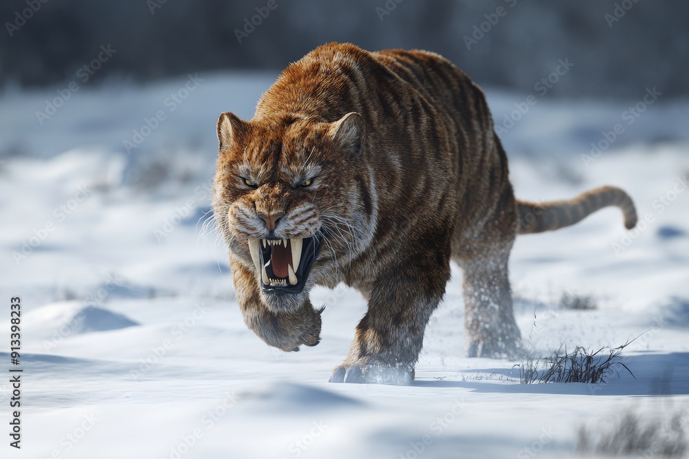 Portrait of a saber-toothed cat prowling through the icy tundra ...