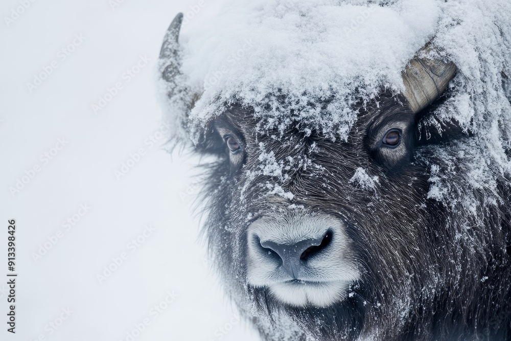 Portrait of a musk ox in the snow, its dense fur providing insulation ...