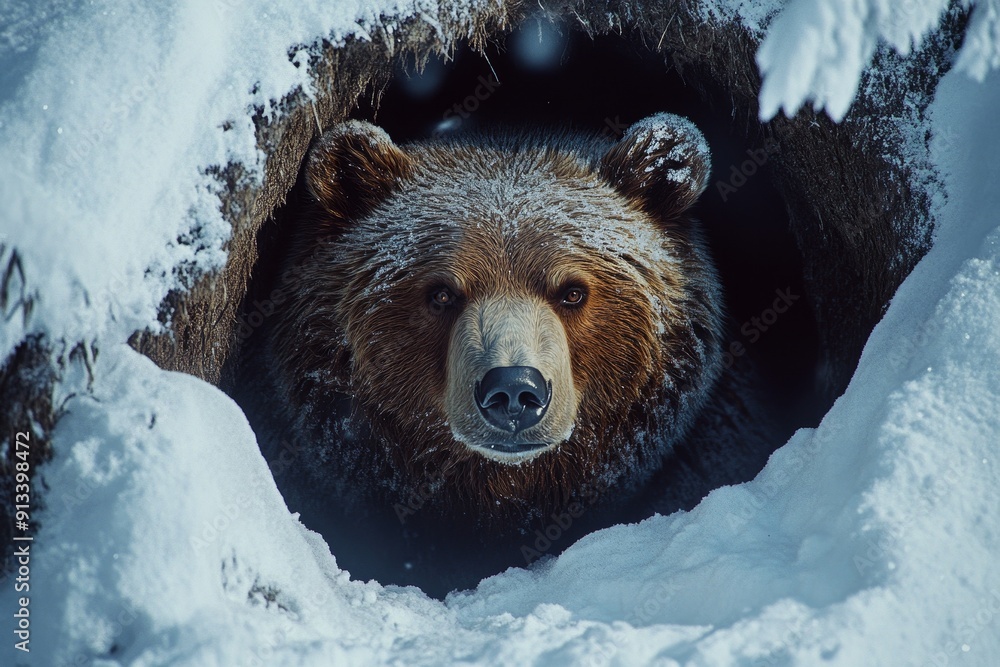 Portrait of a cave bear emerging from its den, thick fur covered in ...