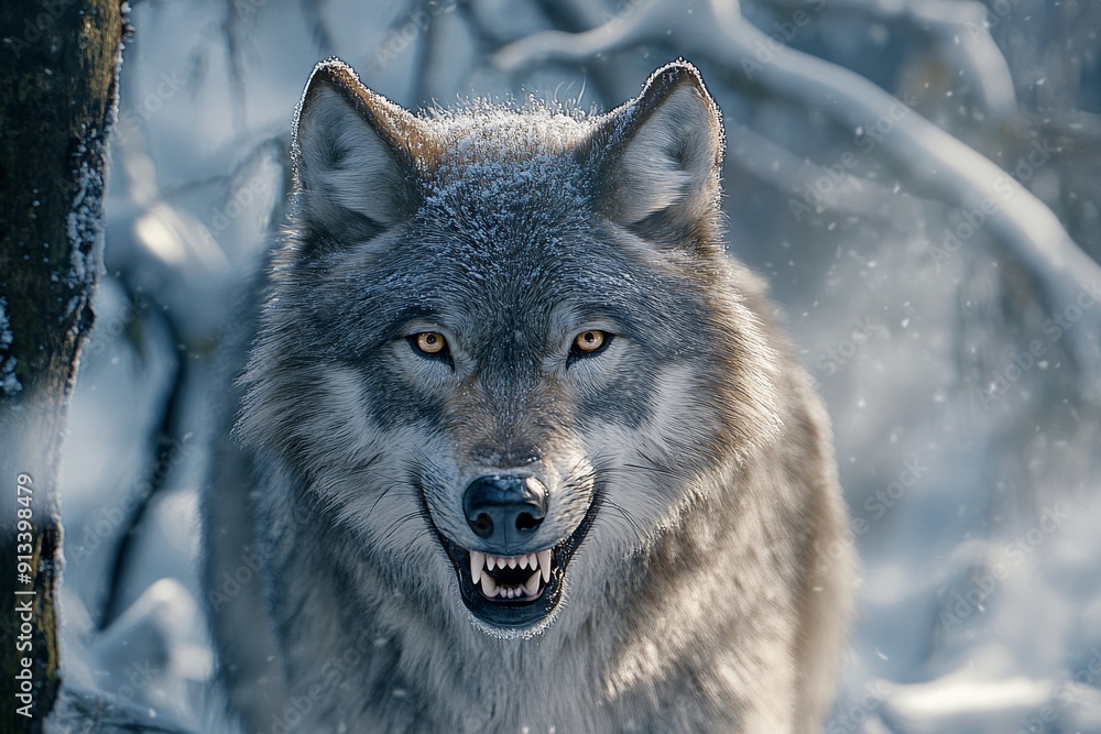 Portrait of a dire wolf standing alert in the snowy forest, with sharp ...