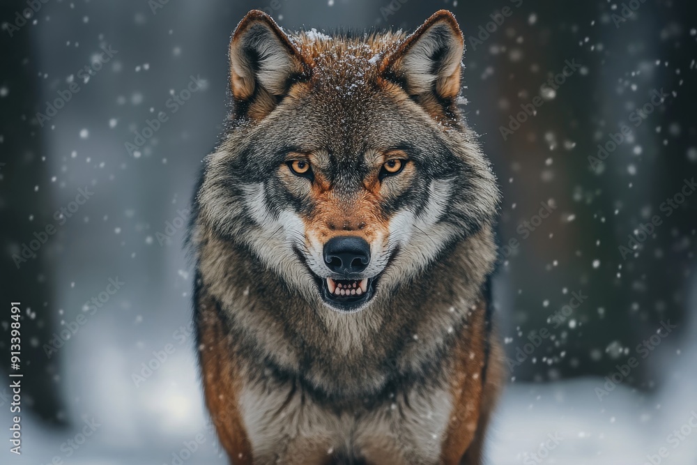 Portrait of a dire wolf standing alert in the snowy forest, with sharp ...