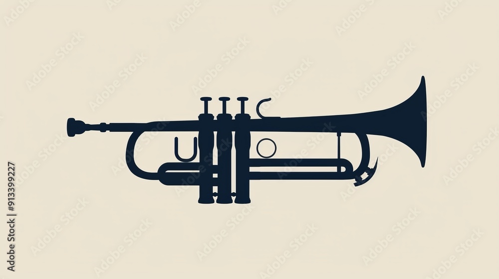 A minimalist 2D vector illustration of a trumpet, clean lines, basic ...