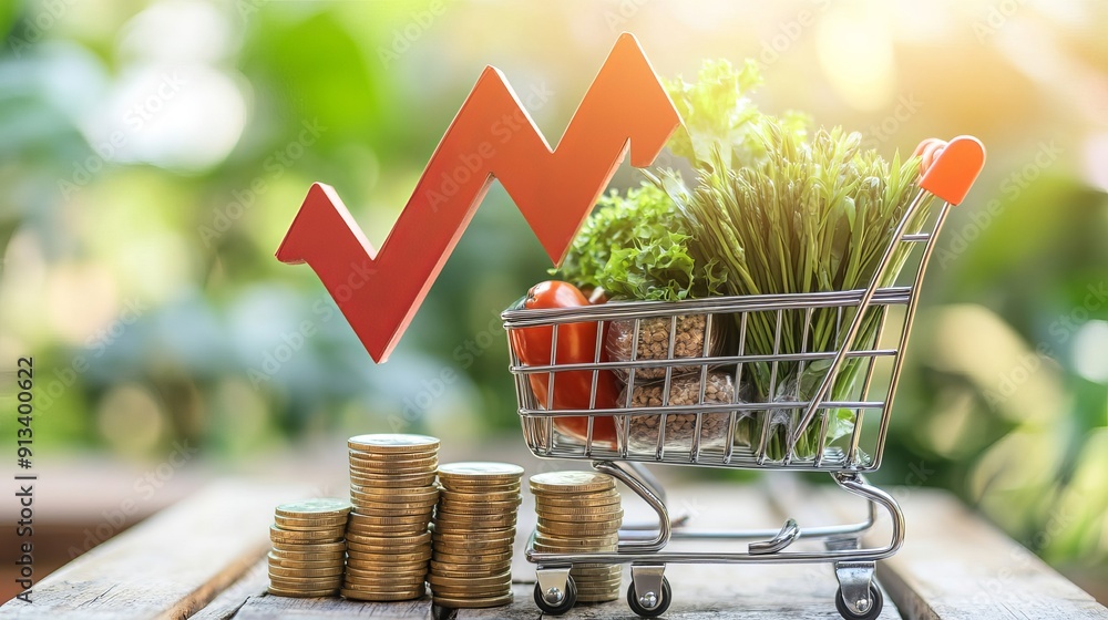 Inflation drives product sales growth depicted as a shopping cart with ...