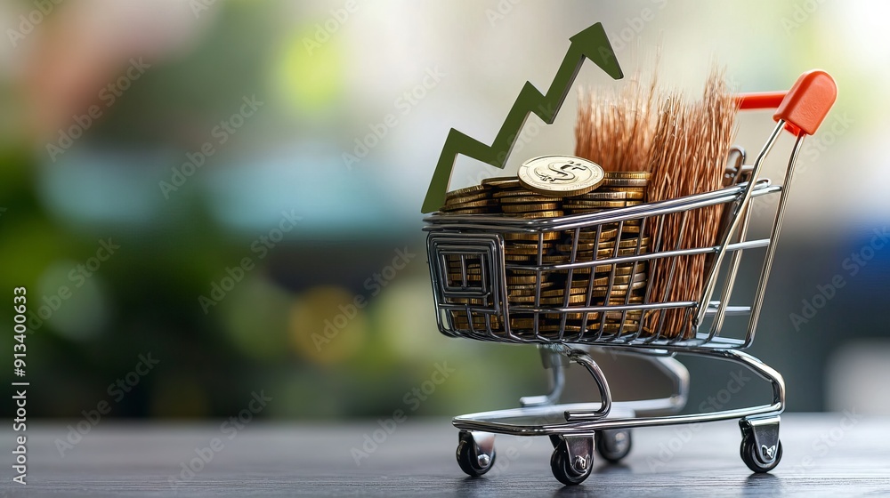 Inflation drives product sales growth depicted as a shopping cart with ...