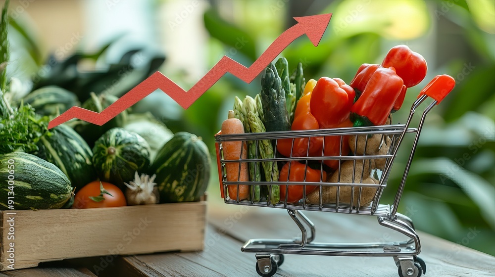 Inflation drives product sales growth depicted as a shopping cart with ...