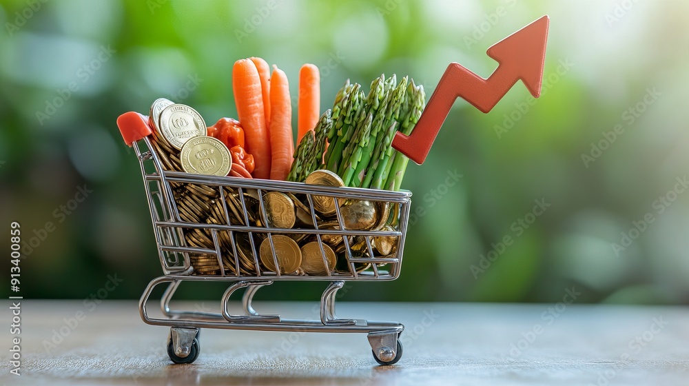 Inflation drives product sales growth depicted as a shopping cart with ...