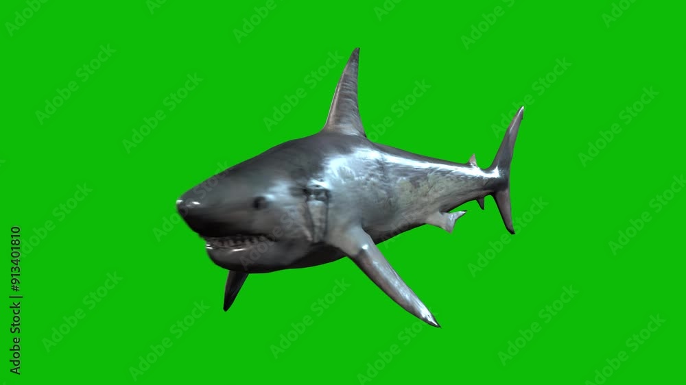 White Shark swimming on green screen, perspective view, 3D animation ...