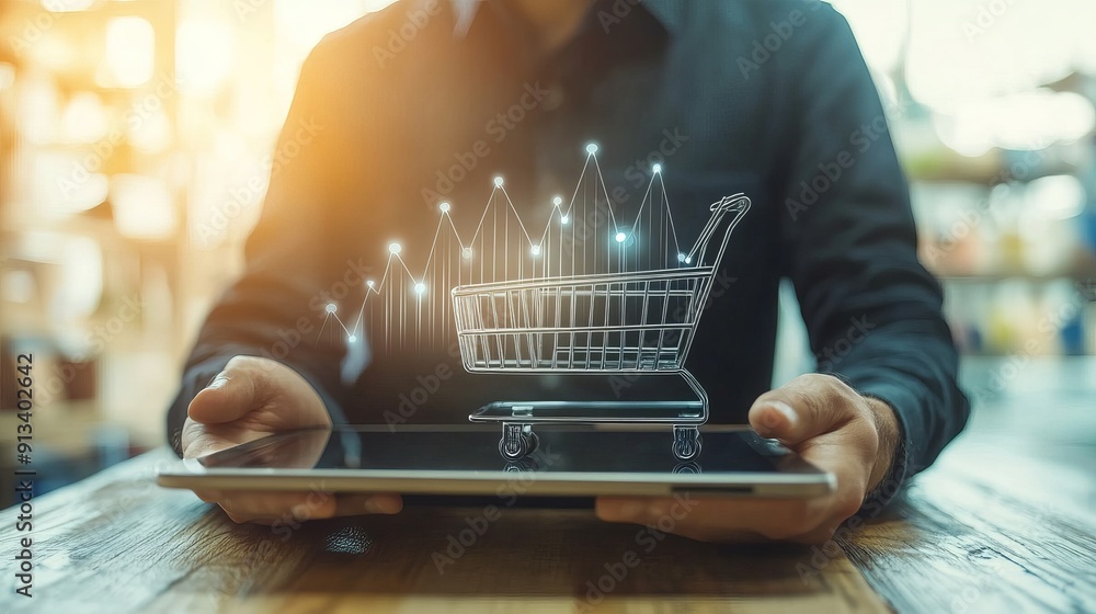 The concept of online shopping growth is illustrated by a man holding a ...