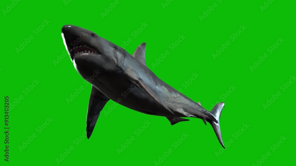 White Shark swimming on green screen, below view, 3D animation ...