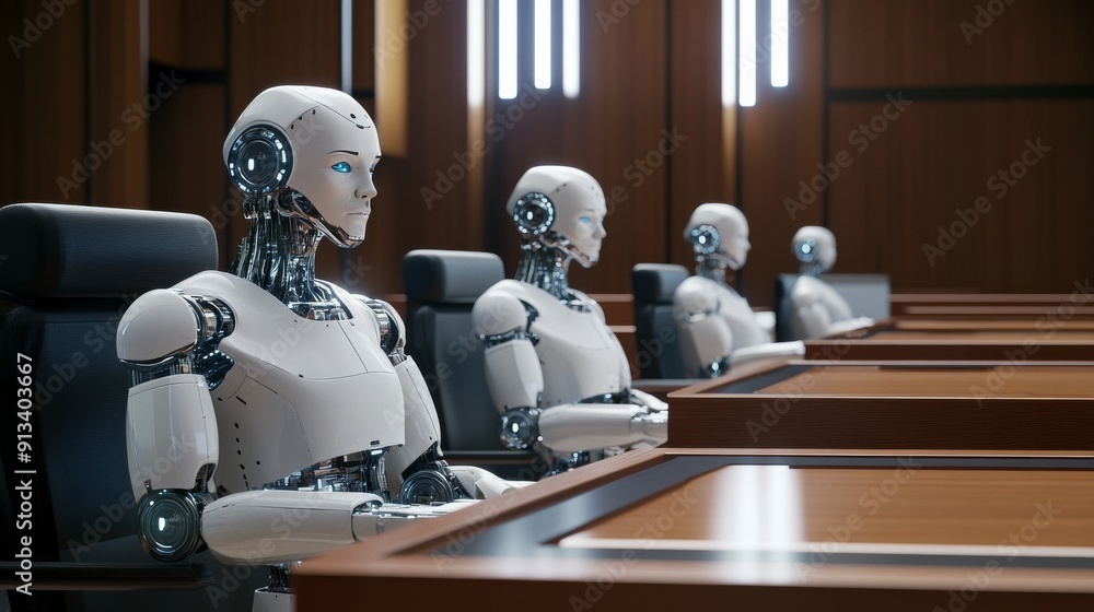An AI-enhanced robotic courtroom, high-tech judicial complex with ...