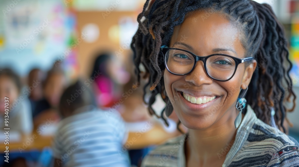 Pretty black African American female teacher in glasses smiling and ...