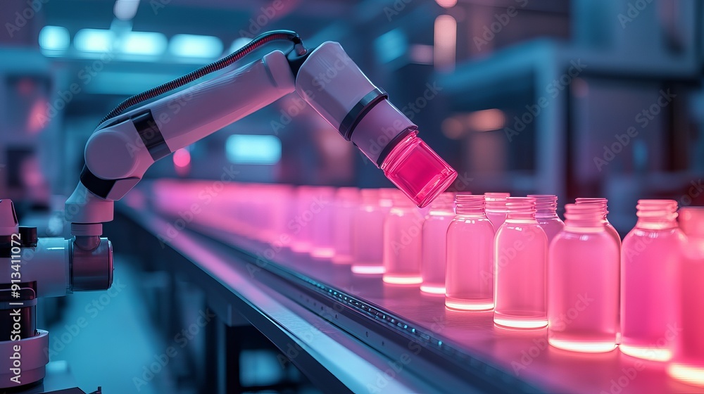 A robot arm moves a plastic bottle to the conveyor belt of an auto ...