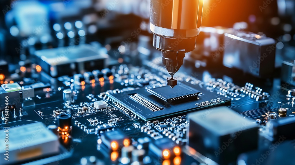 Inside an electronics factory an advanced highprecision robot arm is ...