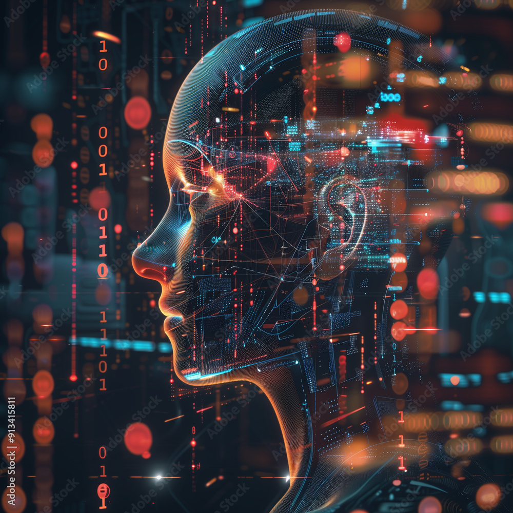 A concept image of artificial intelligence with digital binary code and abstract robotic ...