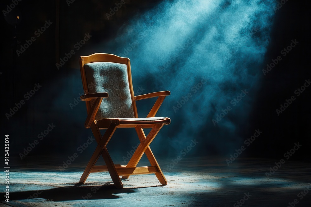 dramatic spotlight illuminates an empty directors chair on a dark stage ...