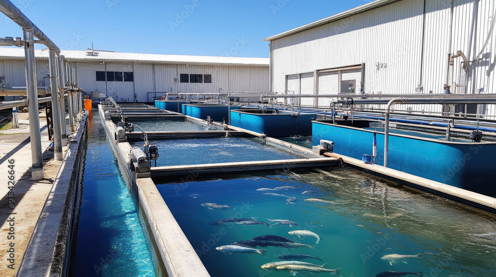 Fish farm with blue water, lots of rectangular aquarium tanks and areas ...