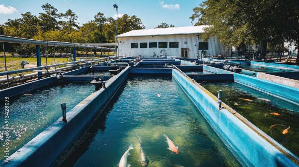 Fish farm with blue water, lots of rectangular aquarium tanks and areas ...