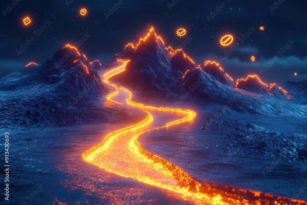 abstract 3d render of winding golden path leading to mountaintop ...
