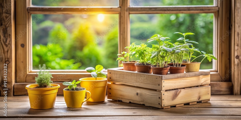 Rustic window sill with wooden crates of seedlings and yellow pot in ...