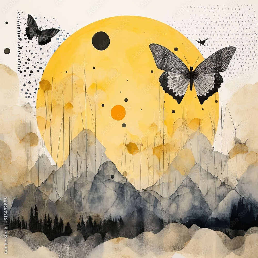 Risograph Screenprint, landscape of moths, giant butterflies, flying ...