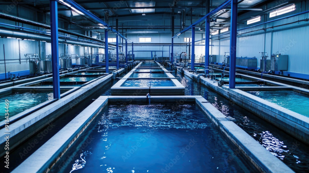 Fish farm with blue water, lots of rectangular aquarium tanks and areas ...