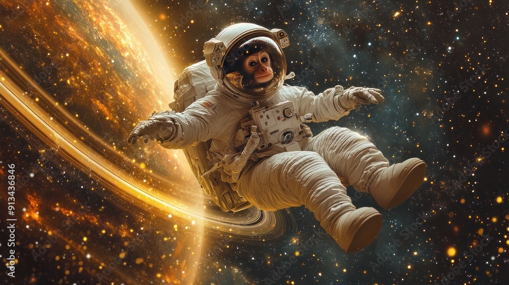 An astronaut monkey floats near a giant planet with rings with a ...