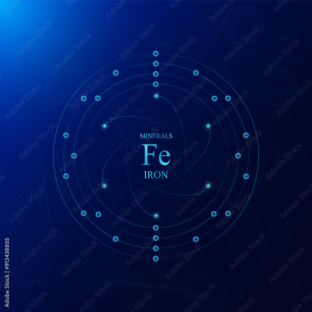 Molecular model atom chemical structure of iron minerals. On dark blue ...