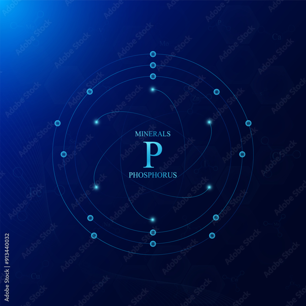 Molecular model atom chemical structure of phosphorus minerals. On dark ...
