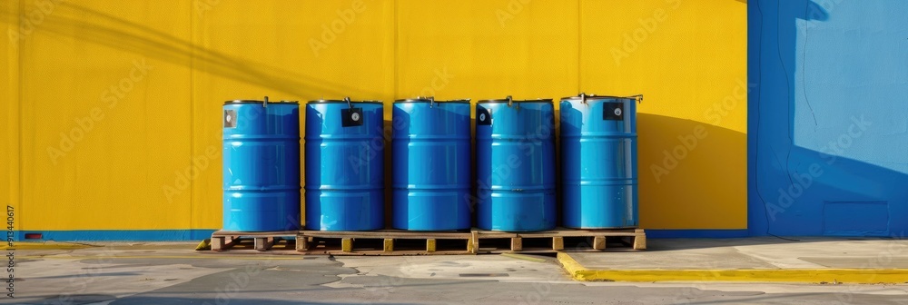 Barrels of flammable contents Blue tanks on pallets Fuel storage area ...