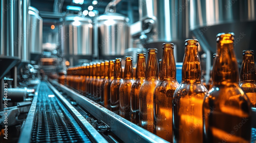 Automated Beer Bottling Line in Modern Brewery with Amber Glass Bottles ...