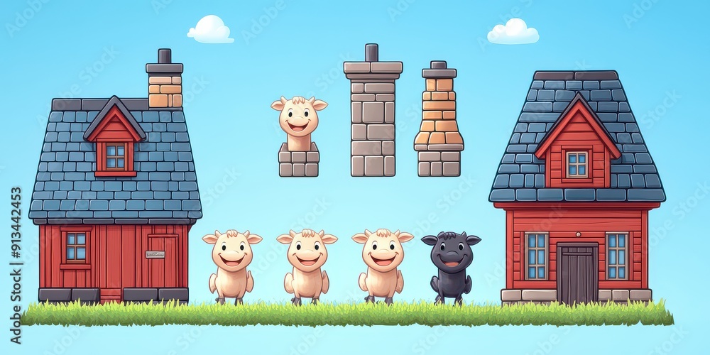 Illustration of Three Little Pigs with Houses and Chimneys in Cartoon ...