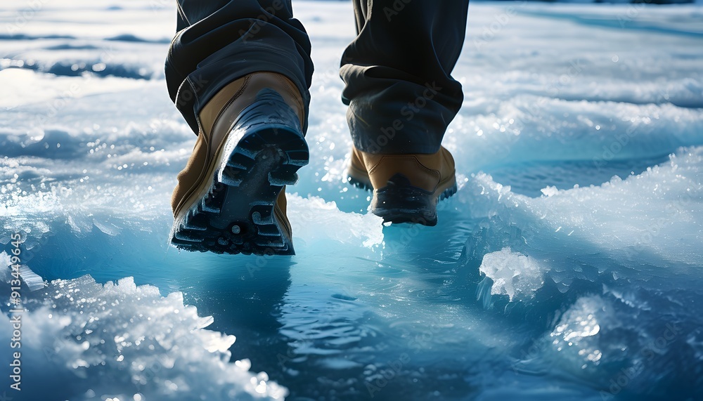 Feet walking on the ice, light and shadow under the blue ice Stock ...