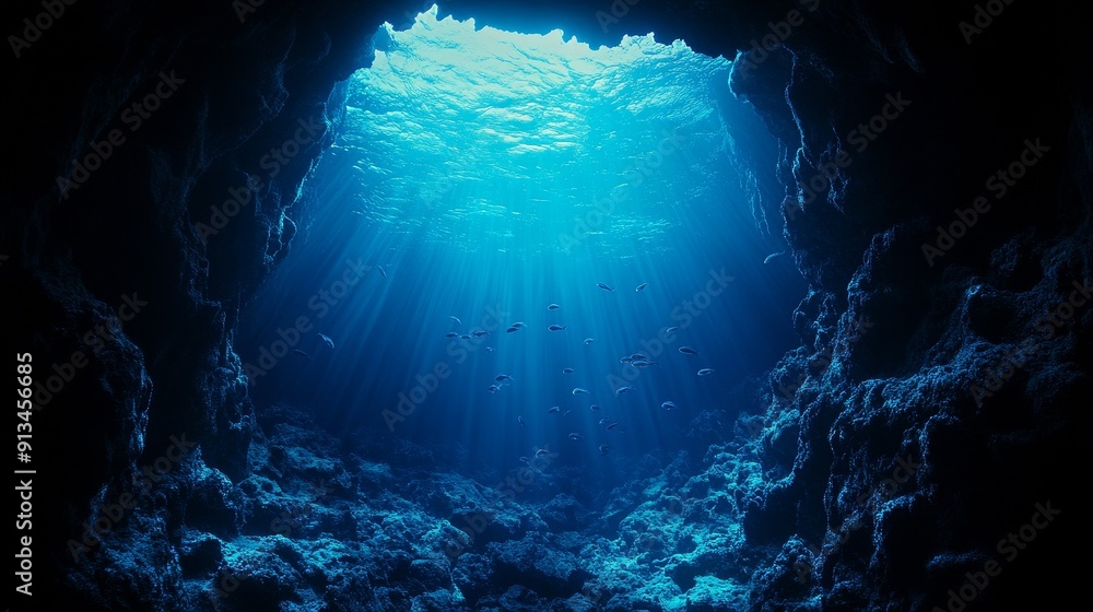 Mysterious Deep Sea Scene Featuring Dark Waters with Blue Light ...