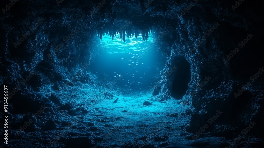 Mysterious Deep Sea Scene Featuring Dark Waters with Blue Light ...