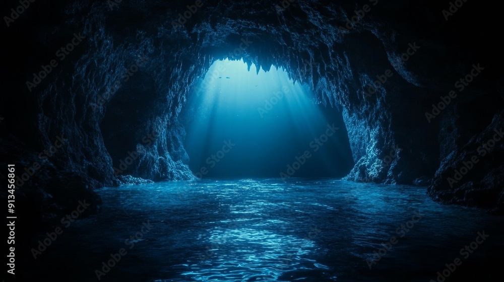 Mysterious Deep Sea Scene Featuring Dark Waters with Blue Light ...