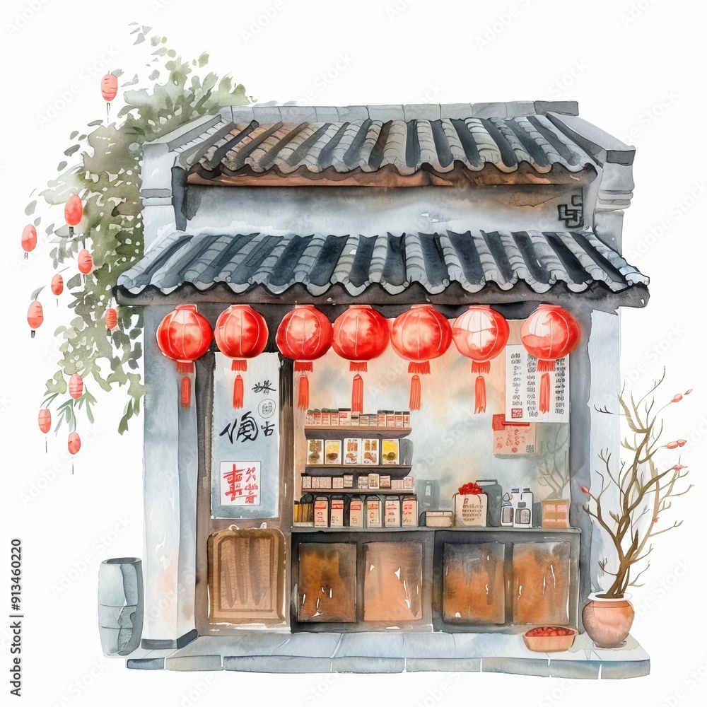 Watercolor painting of a traditional Chinese herbal medicine shop with ...
