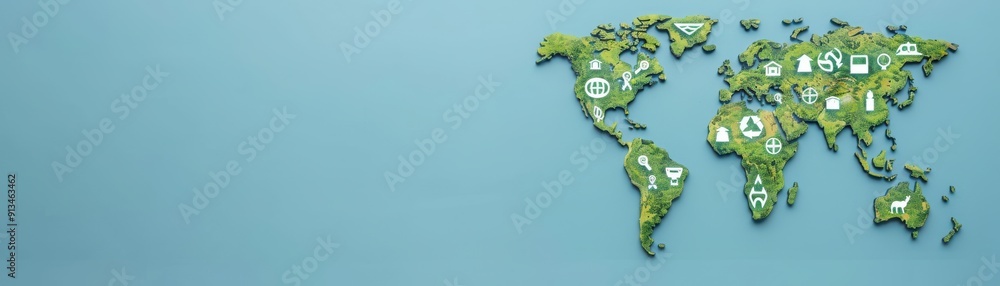 Vibrant world map made of green paper with eco symbols, showcasing ...