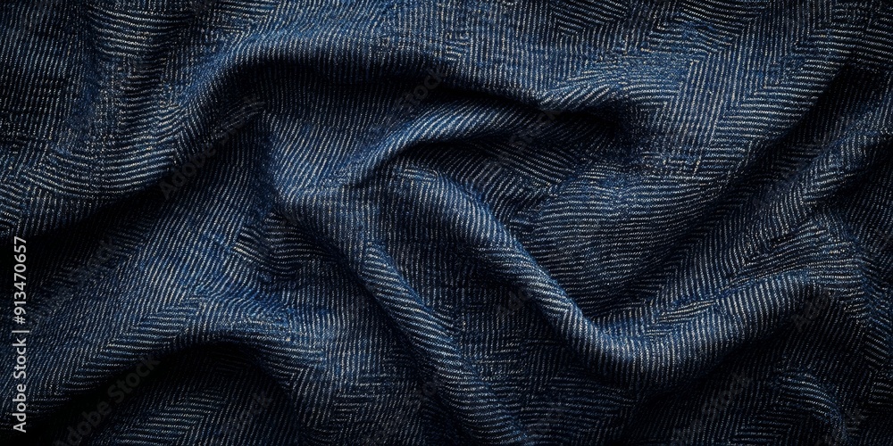 Close-up of a dark blue denim fabric texture from above, highlighting ...