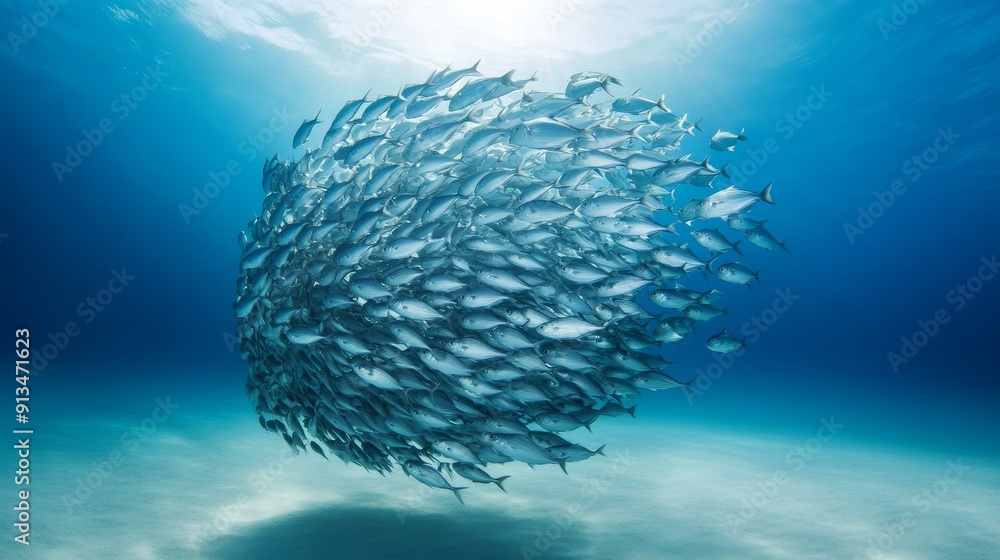 A dense, swirling school of fish forming a perfect sphere, glinting in ...