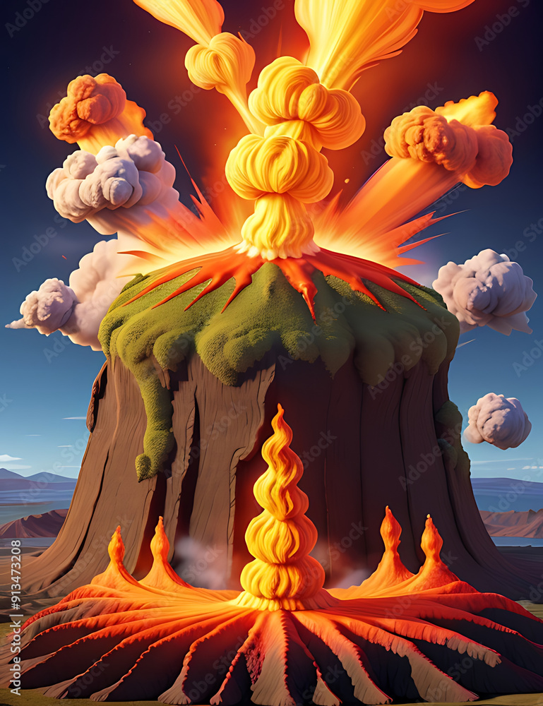 Artistic Representation of a Volcanic Eruption with Lava Flowing Down the Sides of the Volcano ...