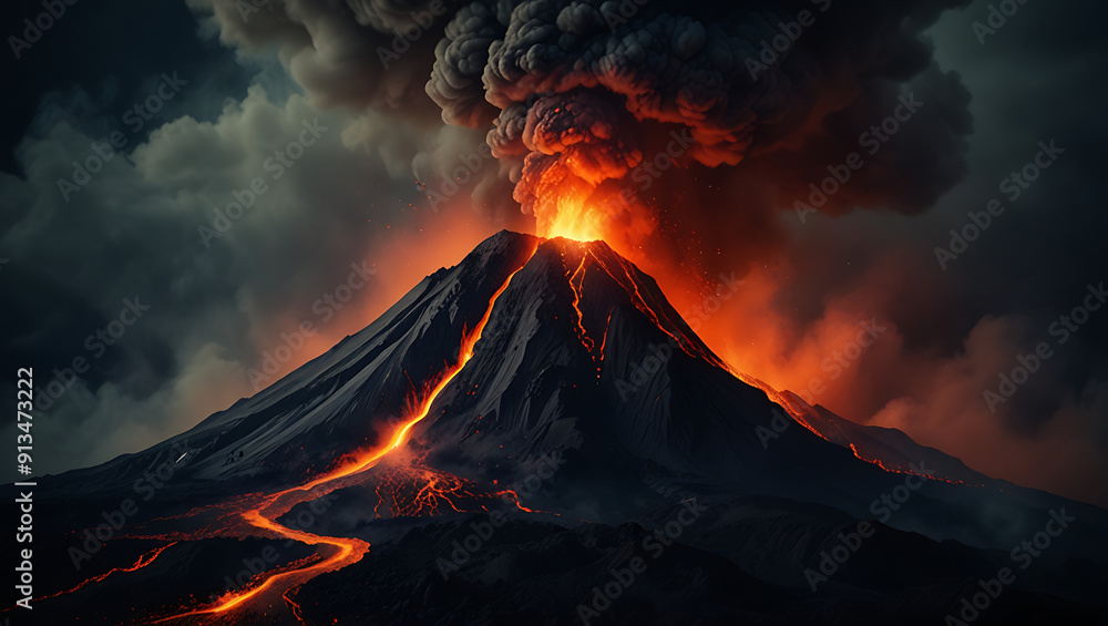 Artistic Representation of a Volcanic Eruption with Lava Flowing Down the Sides of the Volcano ...
