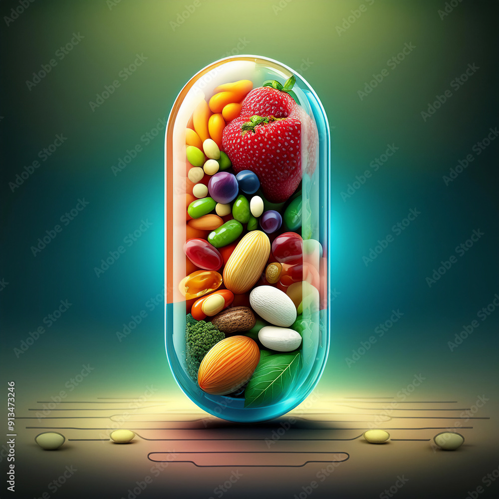 Vitamins Supplements Symbol. Vitamins supplements as a capsule with ...