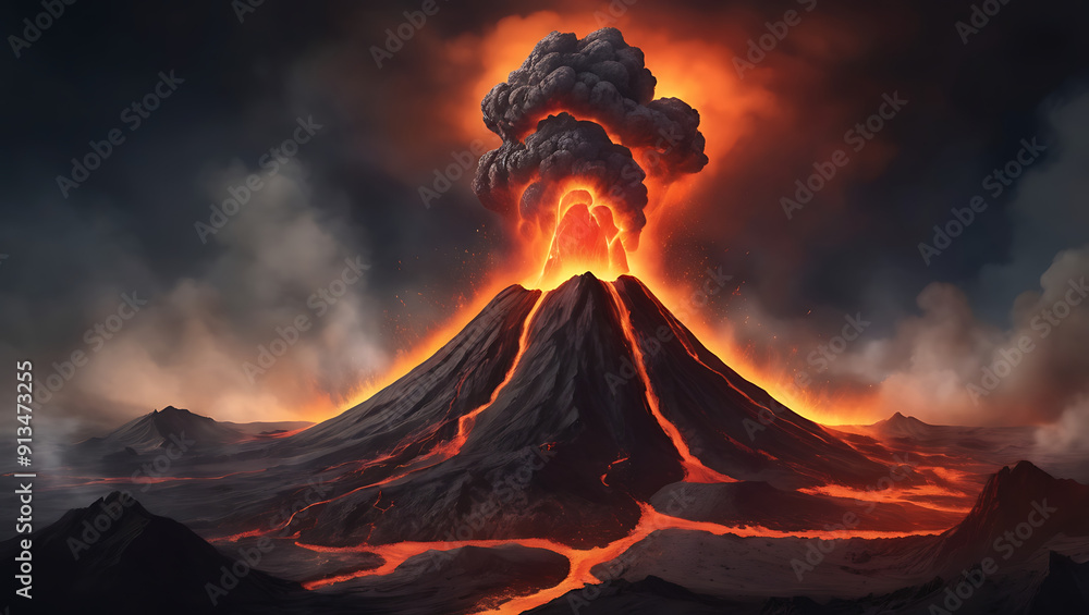 Artistic Representation of a Volcanic Eruption with Lava Flowing Down the Sides of the Volcano ...