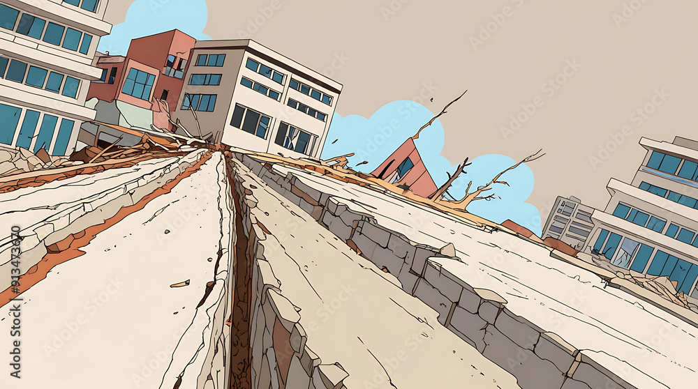 Vector Art Depicting an Earthquake with Cracked Ground, Damaged ...