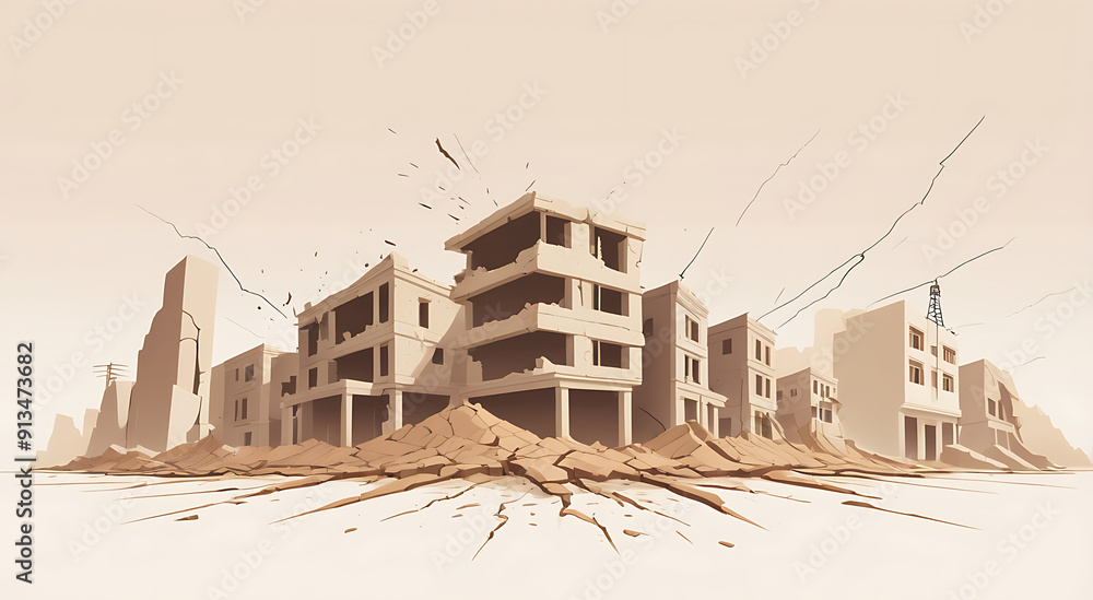 Vector Art Depicting an Earthquake with Cracked Ground, Damaged ...