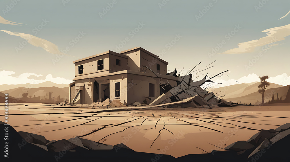 Vector Art Depicting an Earthquake with Cracked Ground, Damaged ...