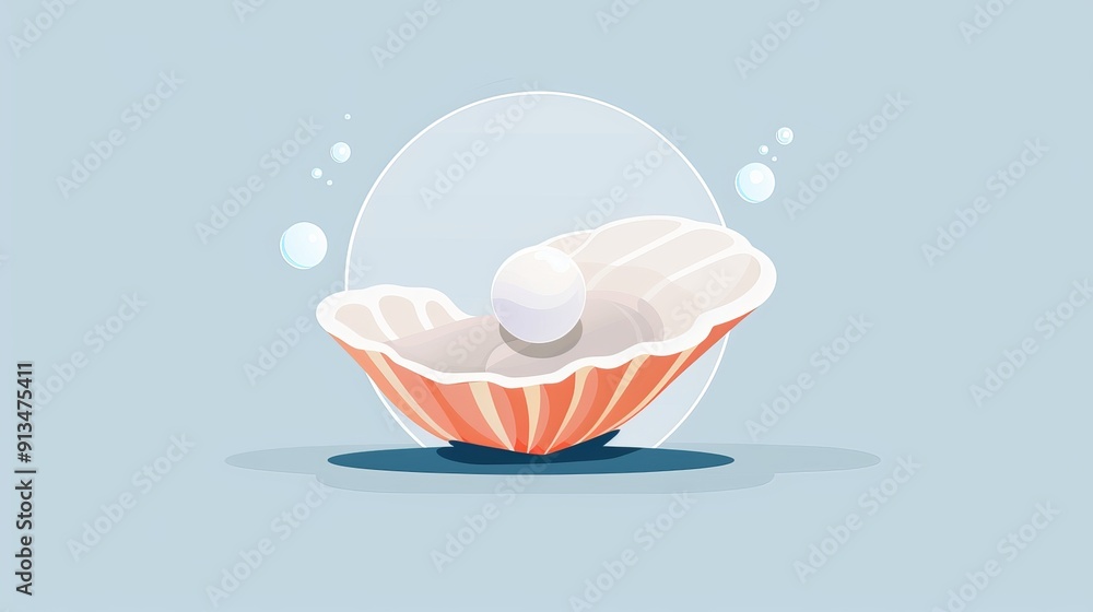 Basic and minimalist 2D vector illustration of a clam with a pearl ...